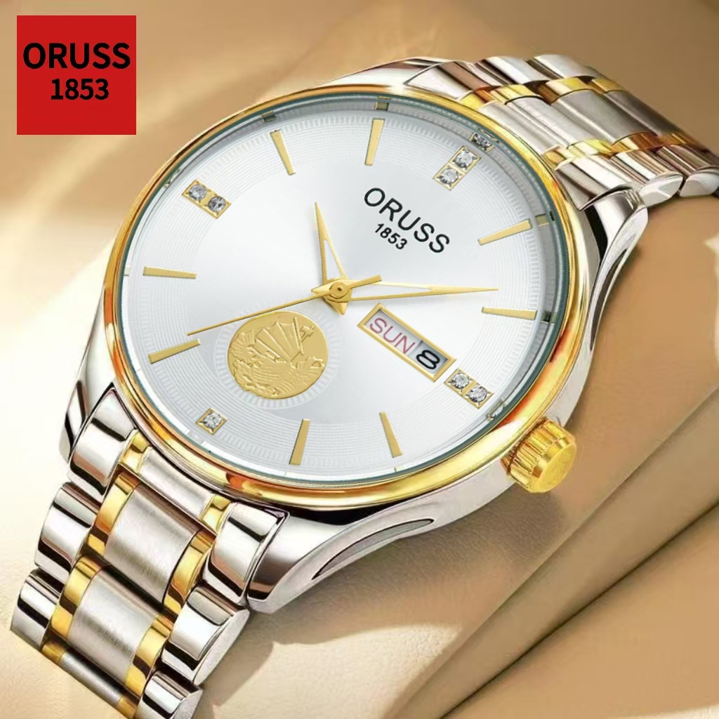 [Gift][With Box]ORUSS Original Men Luxury Dual Calendar Stainless Steel ...