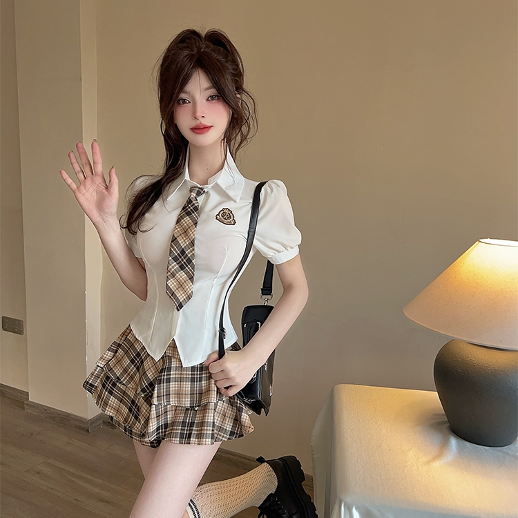 Preppy Style jk Uniform Suit Female Summer Cute Puff Sleeve Shirt Plaid ...