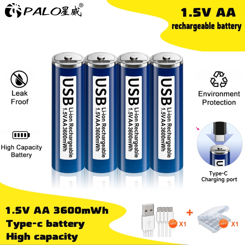 PALO USB 1.5V AA 3600 mwh Li-Ion Type C rechargeable AA battery Self ...