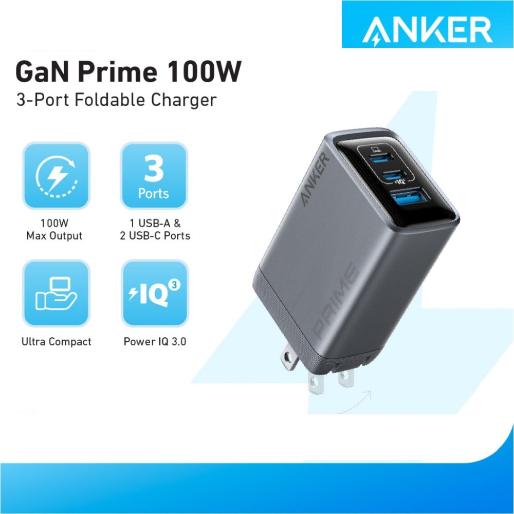 Anker GaN Prime 100W USB C Compact Wall Charger 3-Port Foldable Fast ...