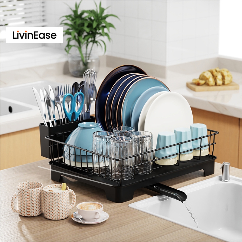 LivinEase Dish Rack With Adjustable Dish Tray For Kitchen Countertop ...