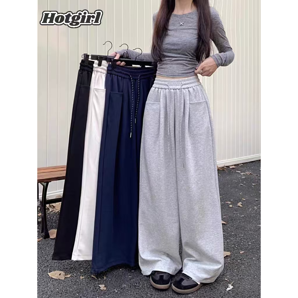 Hotgirl Elastic Waist Wide Leg Plain Pants Korean Style Big Pocket ...
