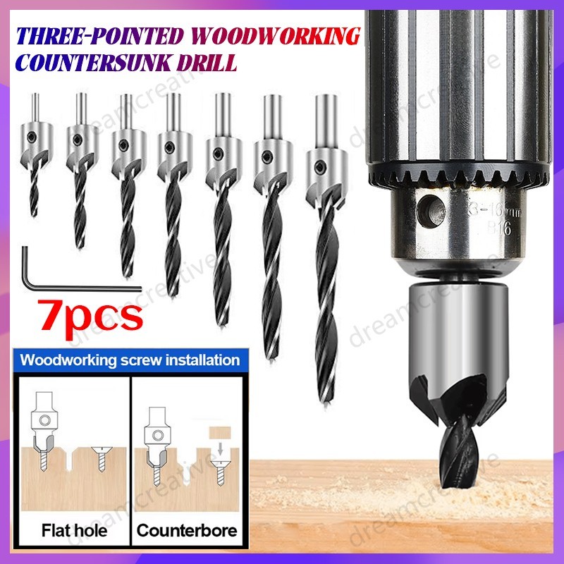 7Pcs Carpentry Drill Bit HSS Flute Countersink Drill Bit Set Chamfer ...