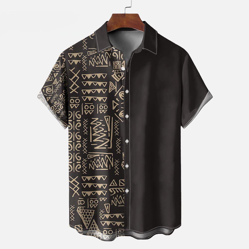 Retro Men's Ethnic Shirt Bohemian Print Striped Short Sleeve Shirt Loose Contrast Lapel Button ...