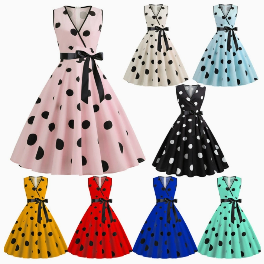 Woman Retro Dresses Audrey Hepburn 1950s 60s Rockabilly Polka Dot Bow ...