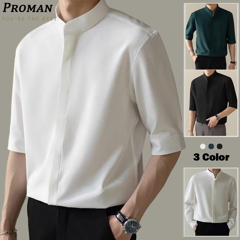 Proman-Ice Silk Formal Short-Sleeved Shirt For Men Thin Style Stand-Up ...