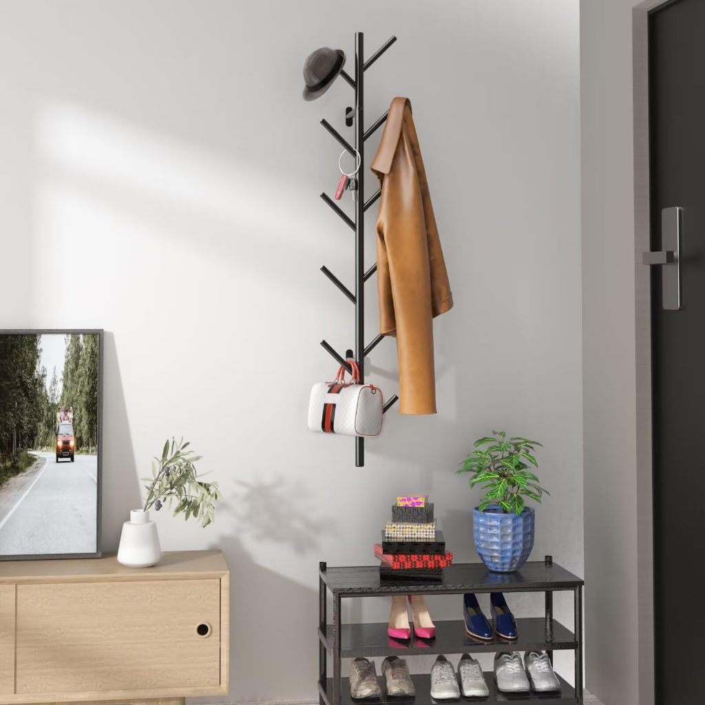 Vertical Coat Rack Wall Mount Black Metal Clothes Hanging Hat Rack for ...