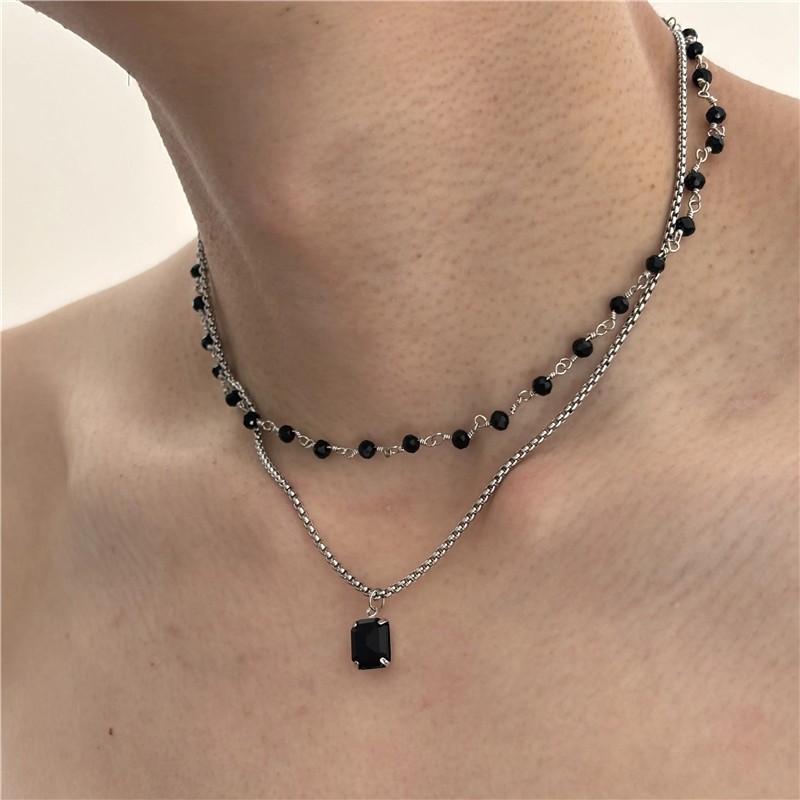 Black square pendant double layered necklace for men and women ...