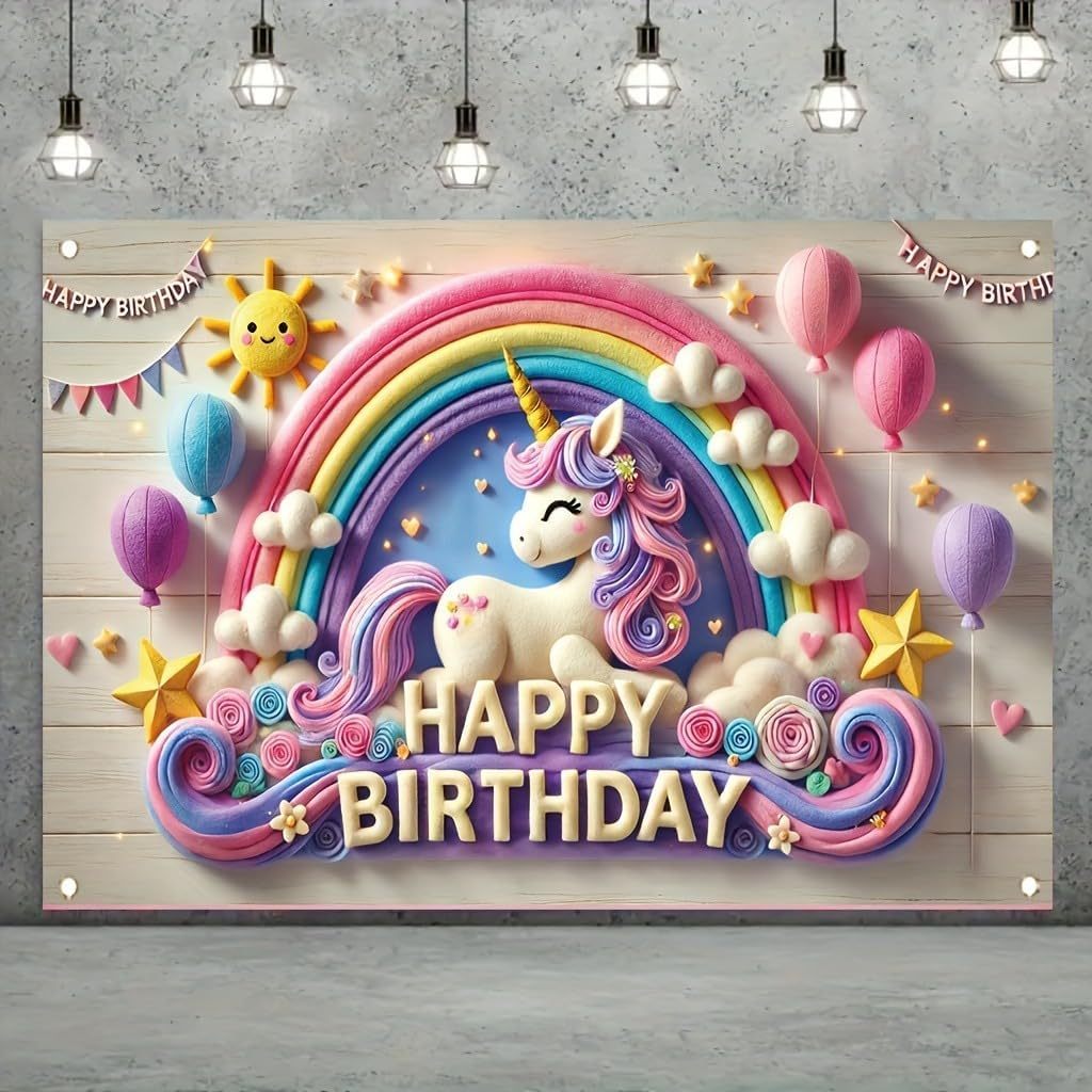 5x3ft Rainbow Unicorn Theme Birthday Banner Happy Birthday Backdrop ...