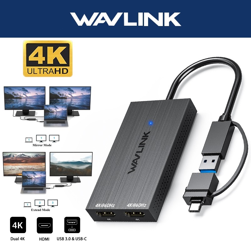 WAVLINK DisplayLink 1 IN 2 Out HDMI Adapter 4K@60Hz USB C to Dual HDMI ...