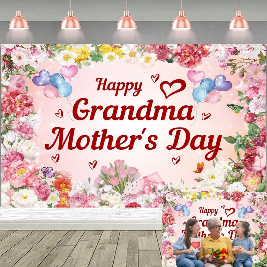 7x5ft Happy Grandma Mother's Day Backdrop Pink Floral I Love You ...