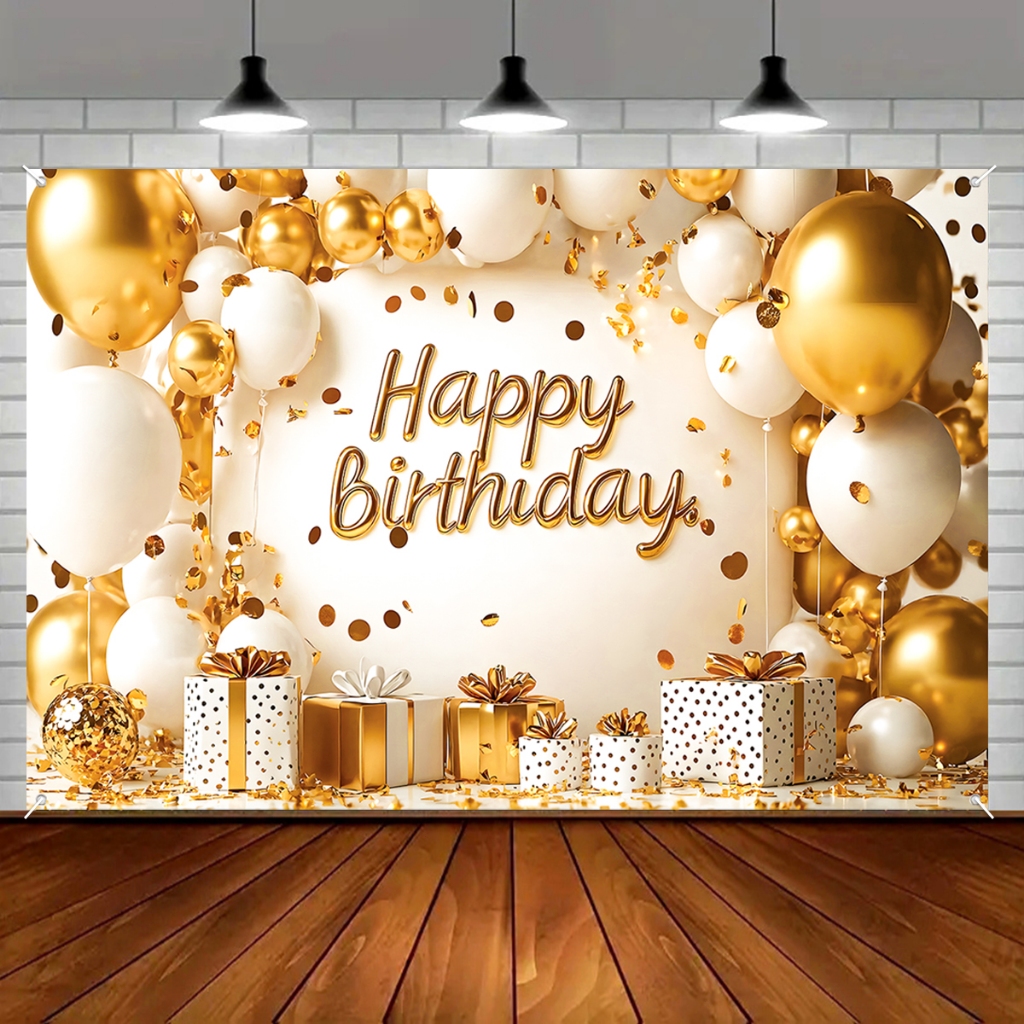 150*100cm Gold White Happy Birthday Backdrop Polyester 3D Golden Balloon Gift Pattern Birthday ...