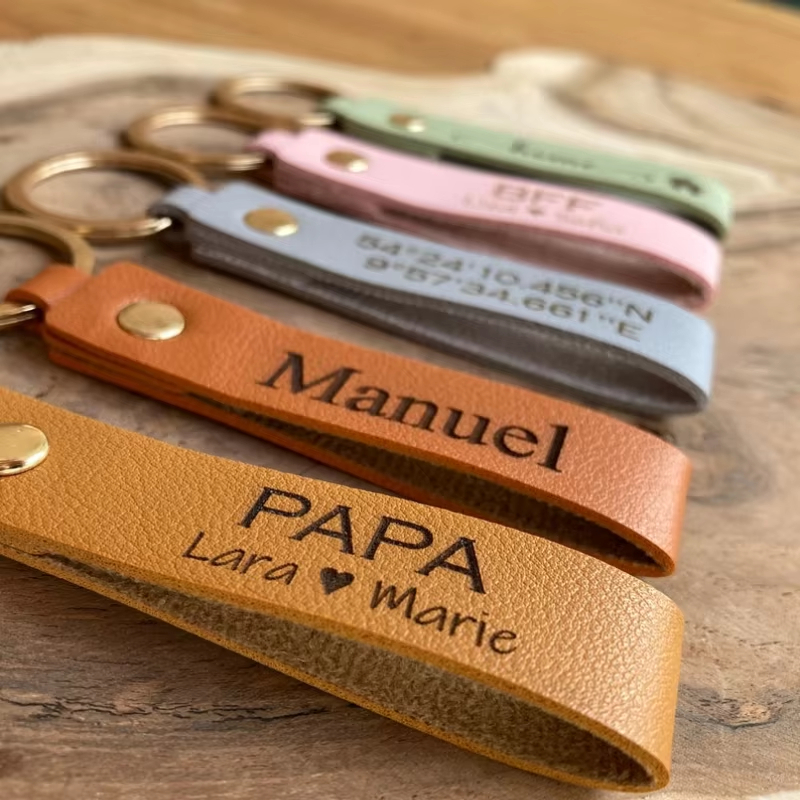 Personalized PU Leather Keychain Engraving Custom Name Date Text Mini ...