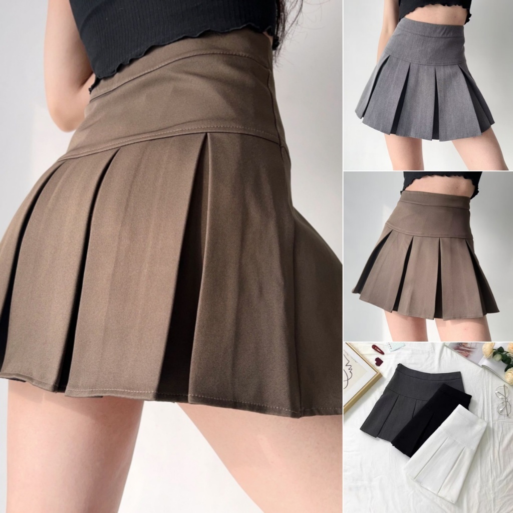 DAMENER Mini Pleated Skirt High Waist Retro A-line Skirt-Safety Shorts ...