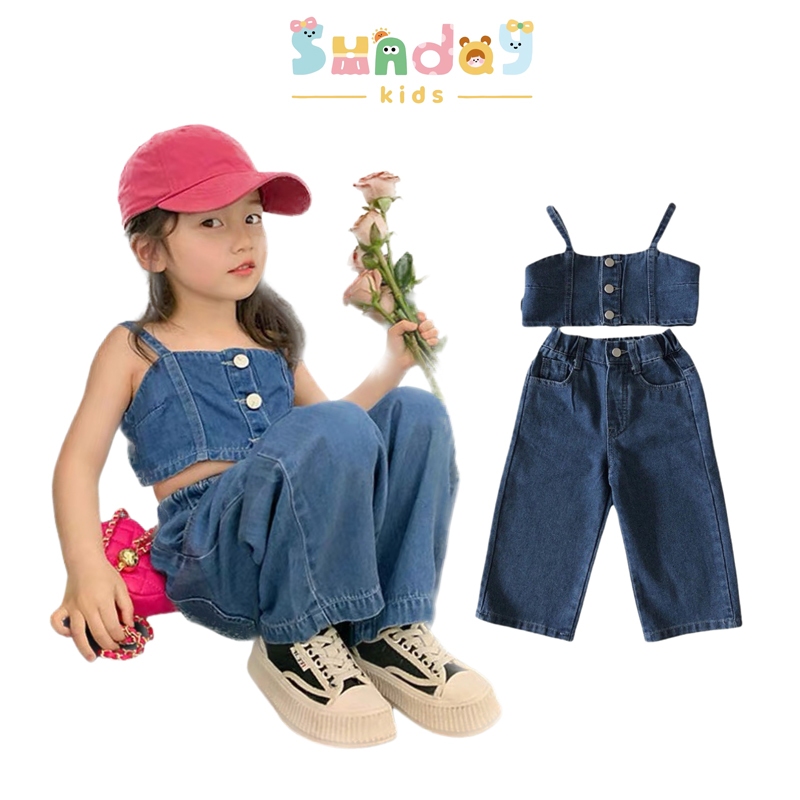 Korean Girls Denim Terno Sleeveless Denim Top With Trousers 2 Pieces ...