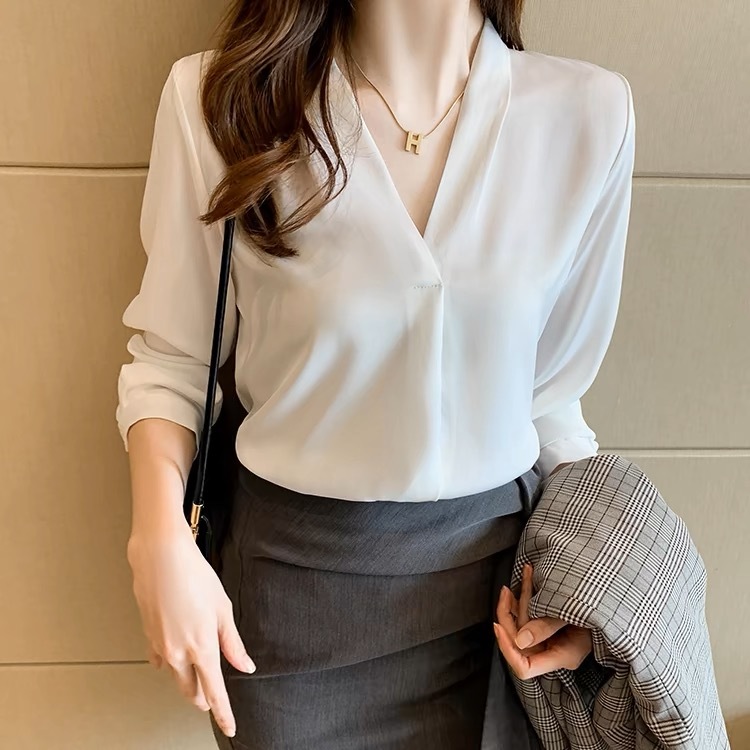 Korean V Neck Long Sleeve Casual Blouse for Women Elegant Plain Satin ...
