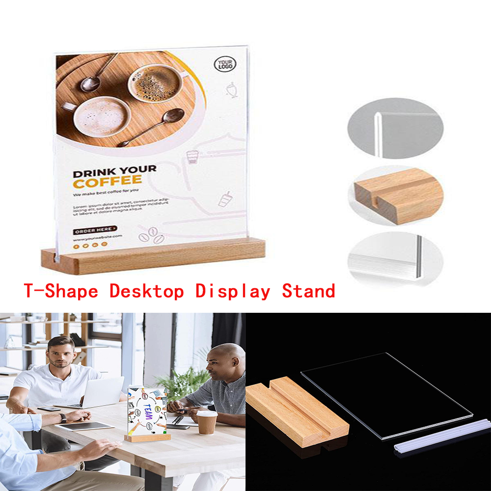 1 PCS T-Shape Display Stand Wooden Base Desktop Double-Sided Acrylic ...