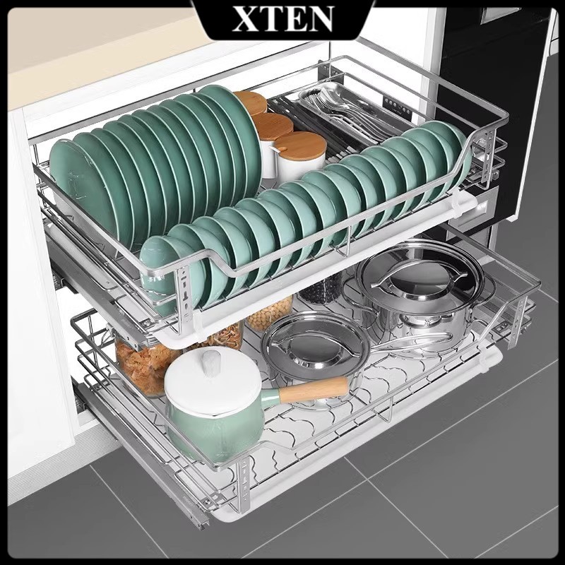 XTEN 2 in 1 Pull Out Basket Kitchen Stainless Pull Out Dish Rack for ...