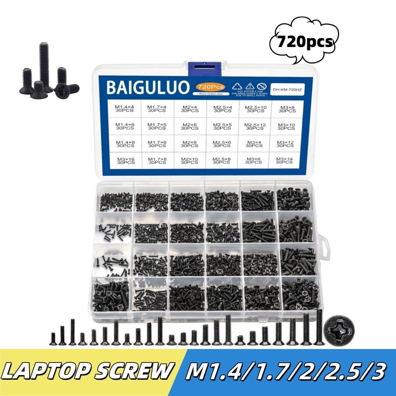 720PCS Countersunk Head Cross Flat Head Carbon Steel Screw Set M1.4 M2 ...