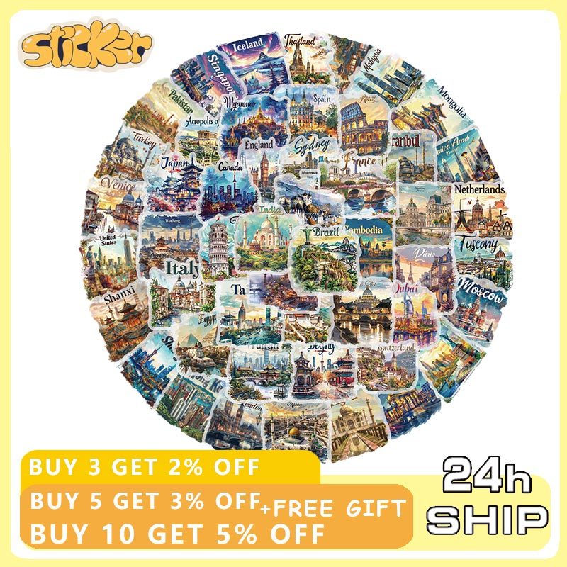 50PCS Famous City Stickers Travel Postcard PET Decal DIY Phone ...