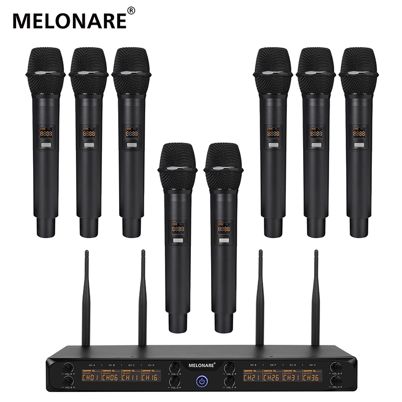 MELONARE MWM-81F 8-Channel Wireless Microphone System UHF 500MHz Cordless Mic Set 240ft Range ...