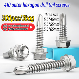 300Pcs 410 Stainless Steel Self-Drilling TEK Screws, #12 Hex Head Self ...