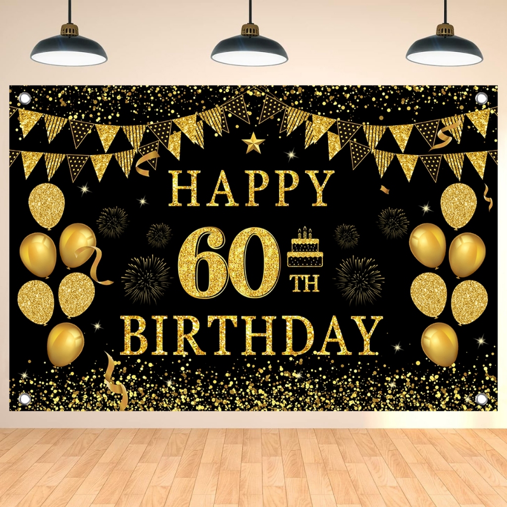 150*100cm Happy 60th Birthday Backdrop Vinyl Black Gold Balloon Flag ...