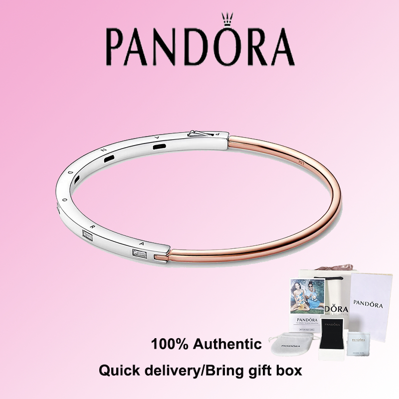 PANDORA ROSE GOLD Pandora Signature Two-tone I-D Pavé Bangle | Shopee ...