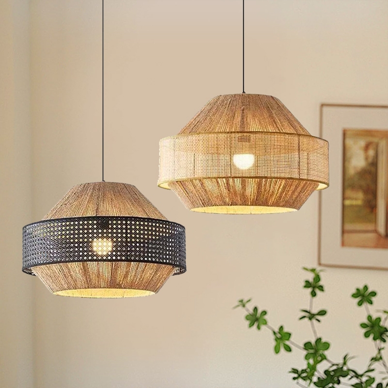 Japanese Bamboo Rattan Chandelier Ceiling Light Woven Hemp Pendant ...