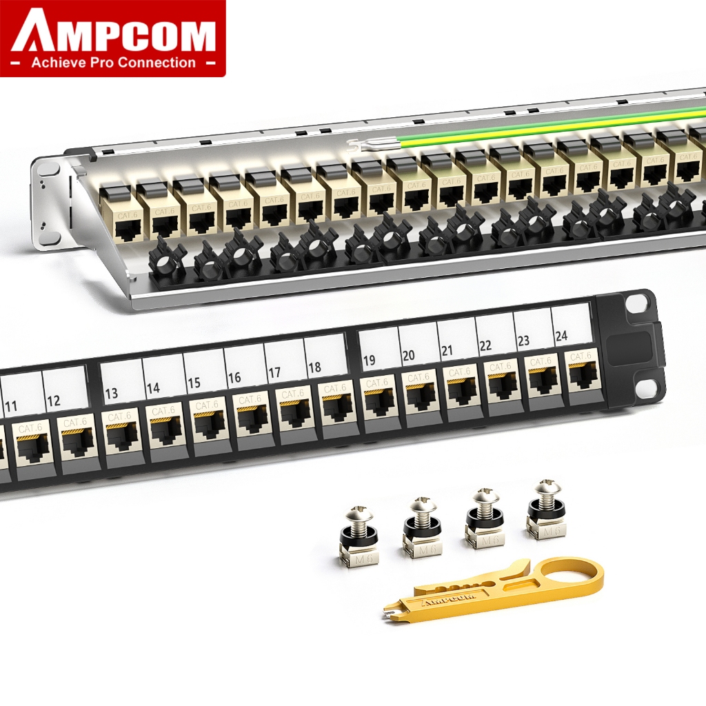 AMPCOM 1U 24-Port Keystone Patch Panel,STP Rack-Mounted with Rear Cable ...