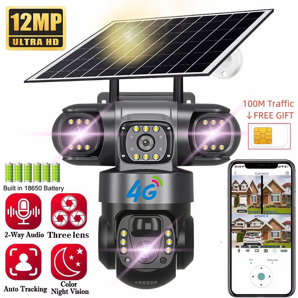Solar 4G Camera With Sim Card 12MP 6K Three Lens Three Screen Monitor ...