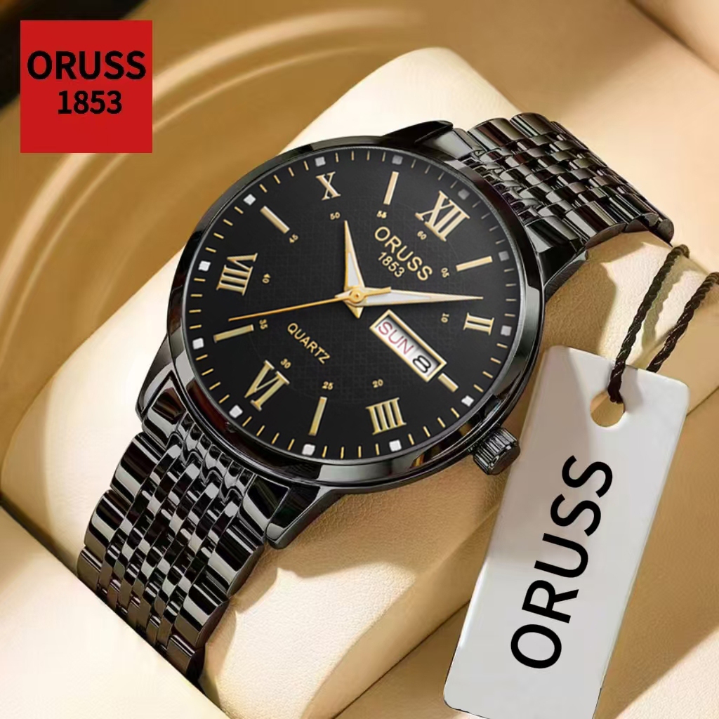 [Gift][With Box]ORUSS Original Men Luxury Dual Calendar Stainless Steel ...