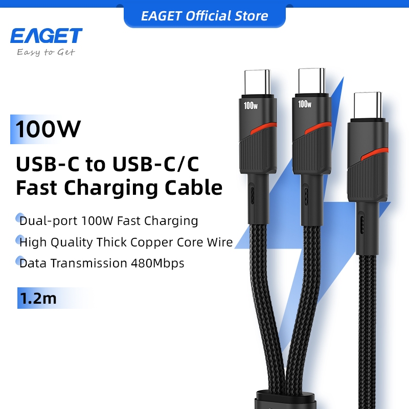 EAGET 2 in 1 100W Dual Type C Cable Type C Dual Splitter Cable For ...