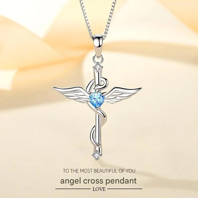 Angel Wings Cross Necklace Women Zircon Pendant Silver Plated Brass ...