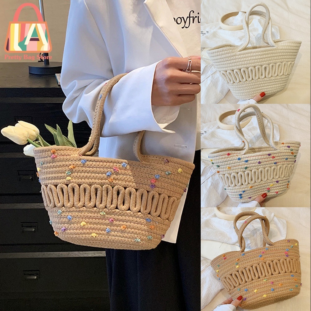 PB Women Woven Bag Large Capacity Hand Made Vacation Top Handle Summer ...