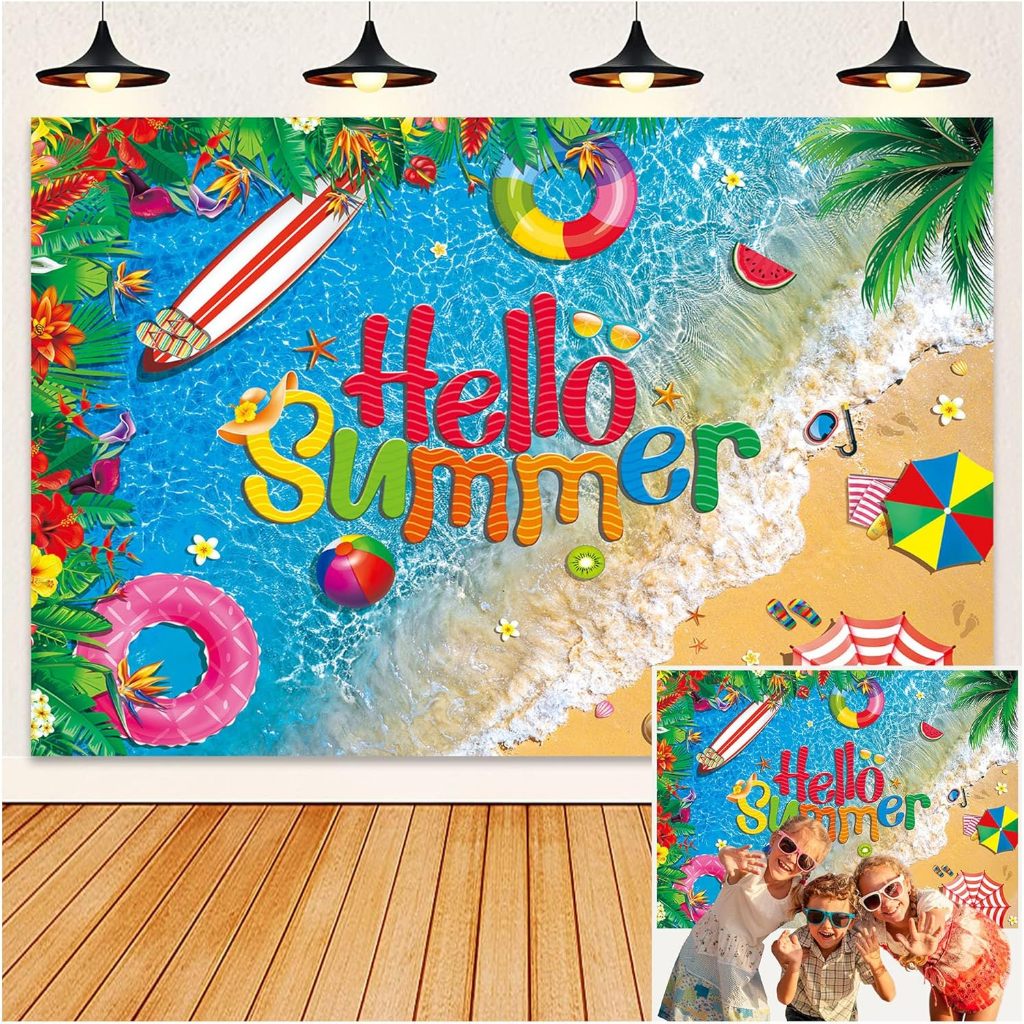 7x5ft Hello Summer Pool Party Backdrop Palm Trees Tropical Sea Coastal ...