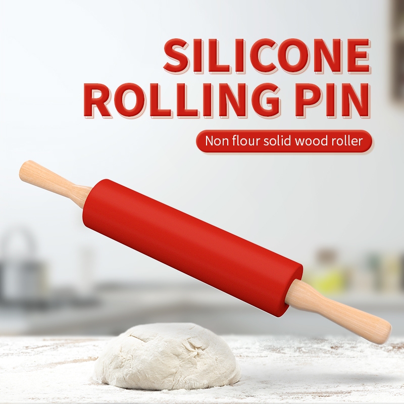 Food Grade SIlicone Rolling Pin Non-Stick Wooden Handle Silicone ...