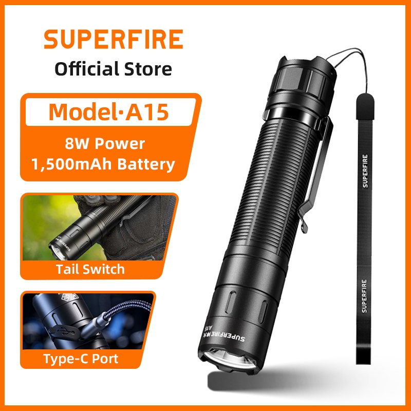 SUPERFIRE A15 8W Powerful LED Flashlight Mini EDC Torch USB-C ...