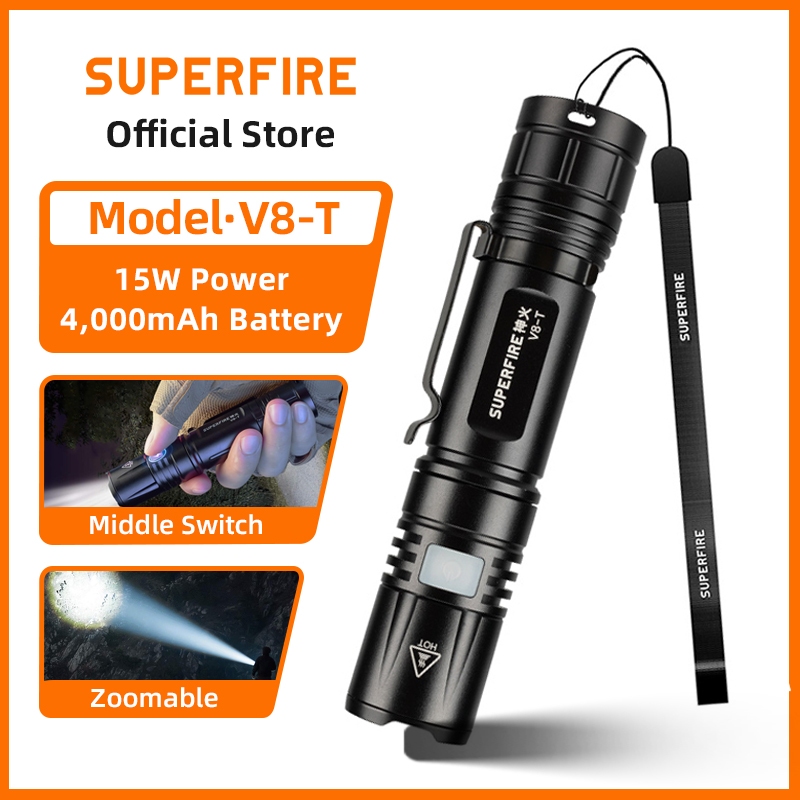 SUPERFIRE V8-T 15W Zoomable Flashlight Super Bright TYPE-C Rechargeable LED Torch Waterproof ...