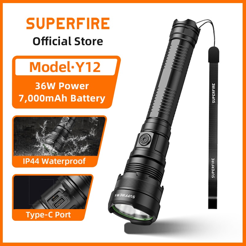 SUPERFIRE Y12 36W 7000mAh Rechargeable Led Flashlight Waterproof ...