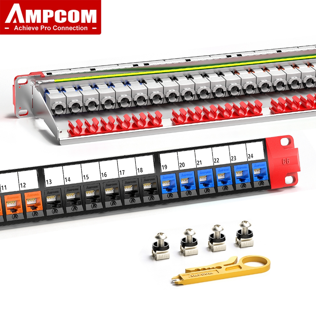 AMPCOM 1U 24-Port Keystone Patch Panel, UTP/STP Rack Mount w/ Rear ...