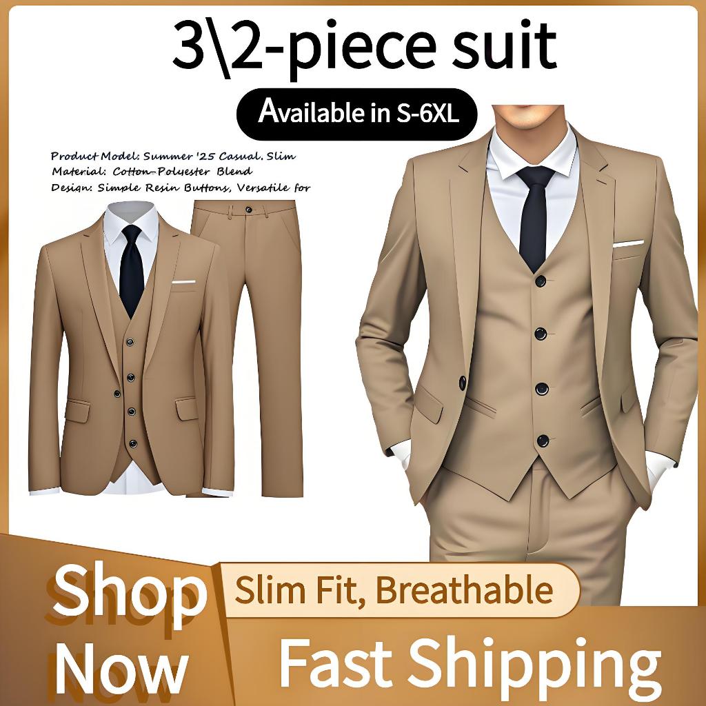 [local shipping]Khaki Suit Charm: Men's Slim Fit Multi-Size Options ...