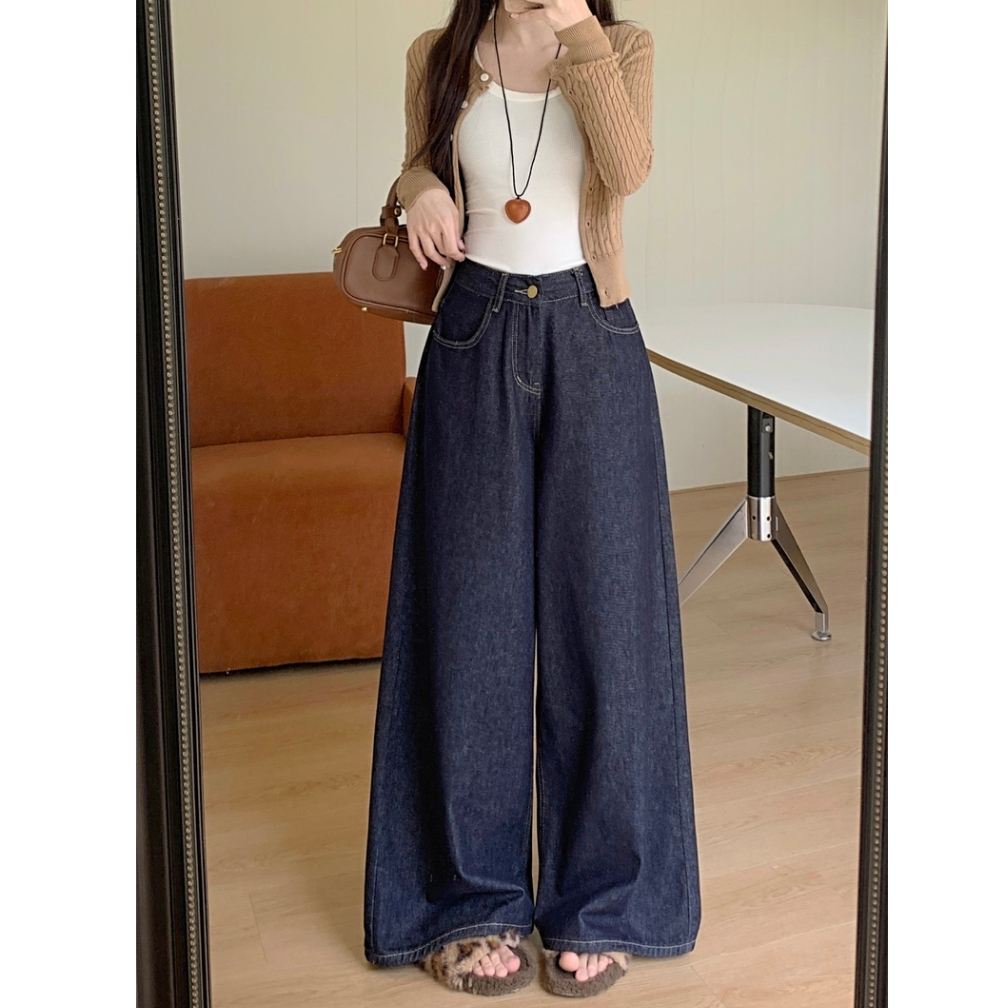 Waist 25-41 Dark Blue Denim Wide Leg Jeans Vintage Loose Straight Drag ...