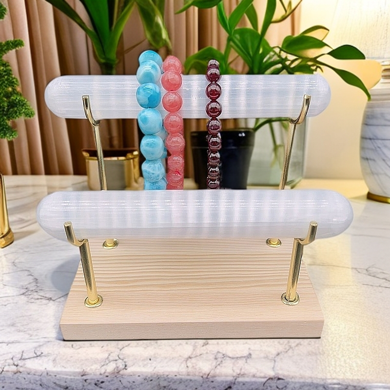 Double Natural Selenite Bracelet Holder Display Crystal Bracelet ...