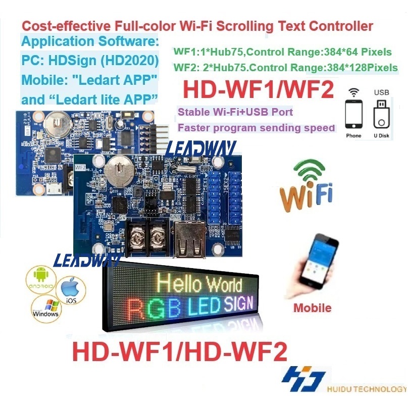 Huidu HD-WF1 HD-WF2 USB Wireless Full Color RGB Running Message LED Display Digital Sign Board ...