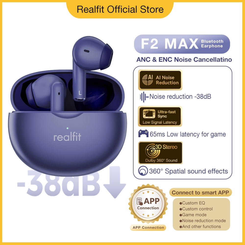 Realfit F2 MAX Bluetooth Earphone ANC Noise Cancelling With APP Control ...