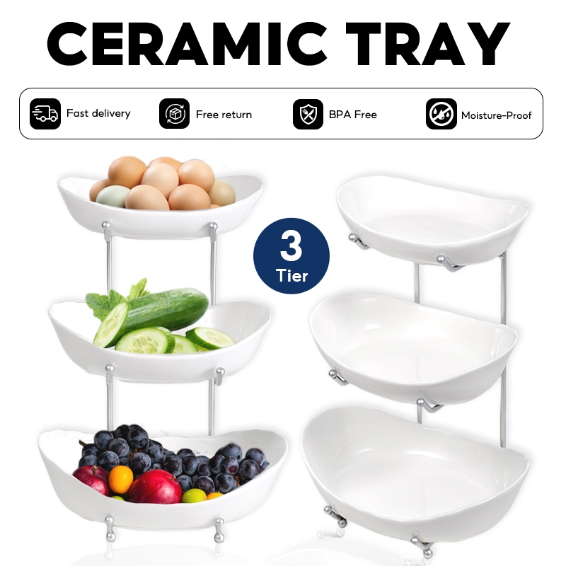 fMBB 3 Tier Fruit Tray with Iron Rack （Ceramic）Dessert Tray Food ...