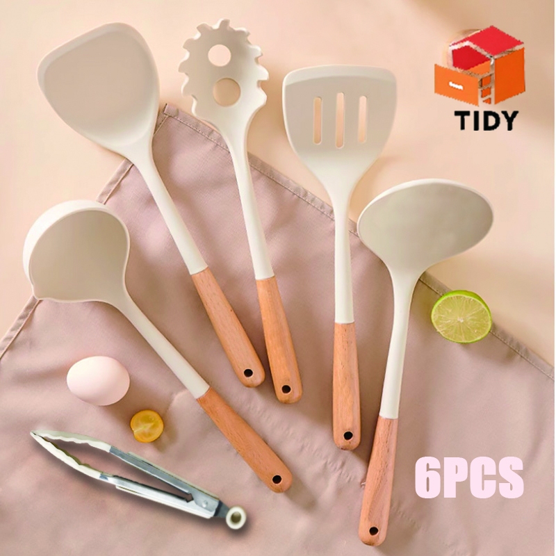 TIDY Silicone Kitchen Utensils Set For Non Stick Pan Shovel Wooden ...