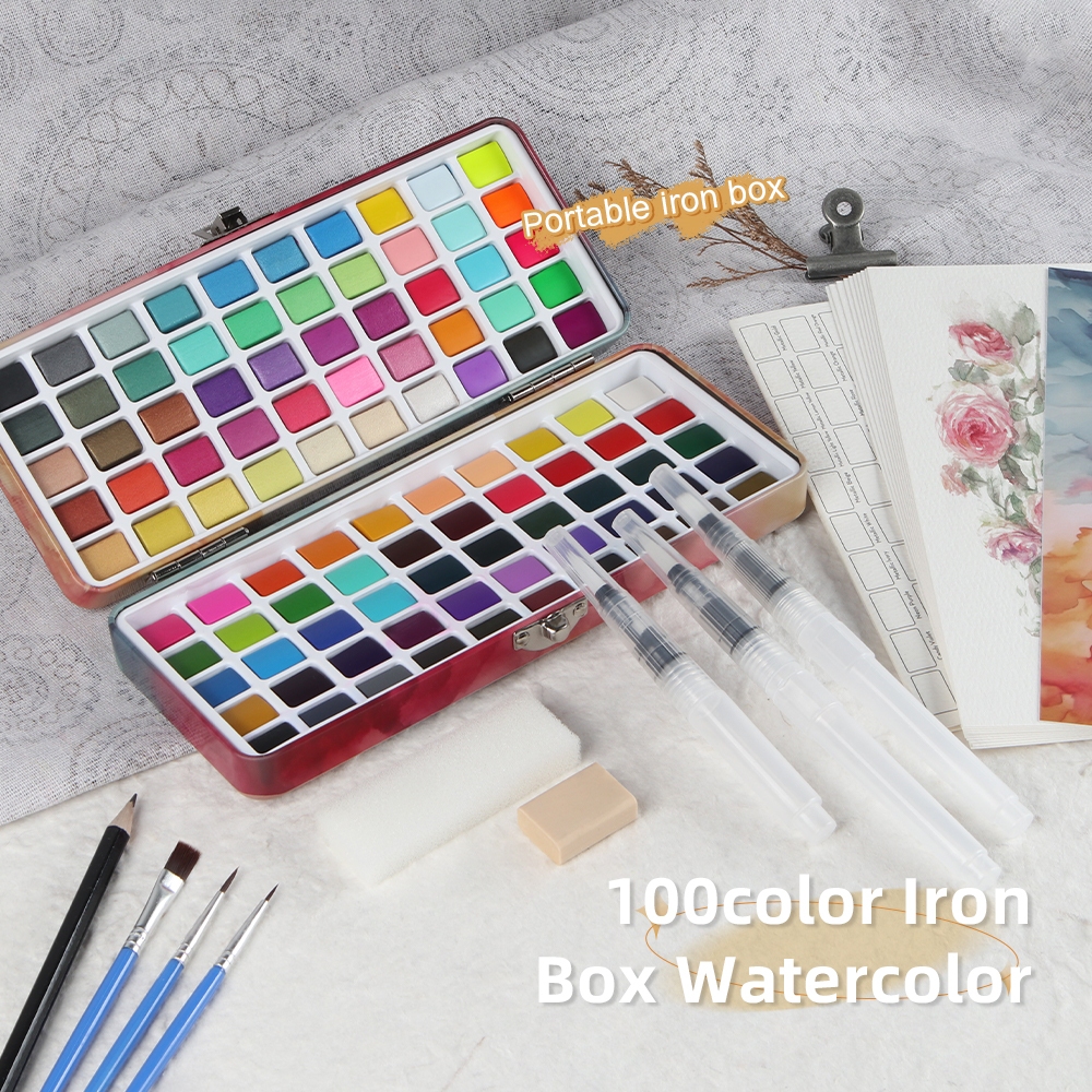 100color Solid Watercolor Gift Set With Paint Brush Drawing Papers ...