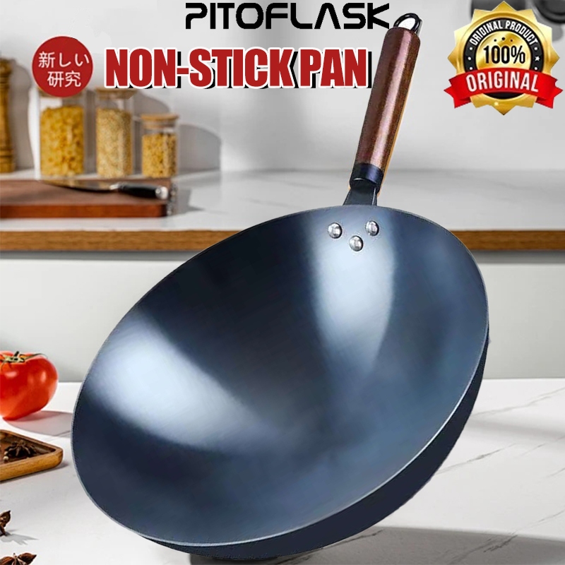 Uncoated Non stick Cast Iron Wok Frying Pan Heavy Duty Carbon Steel Pan ...